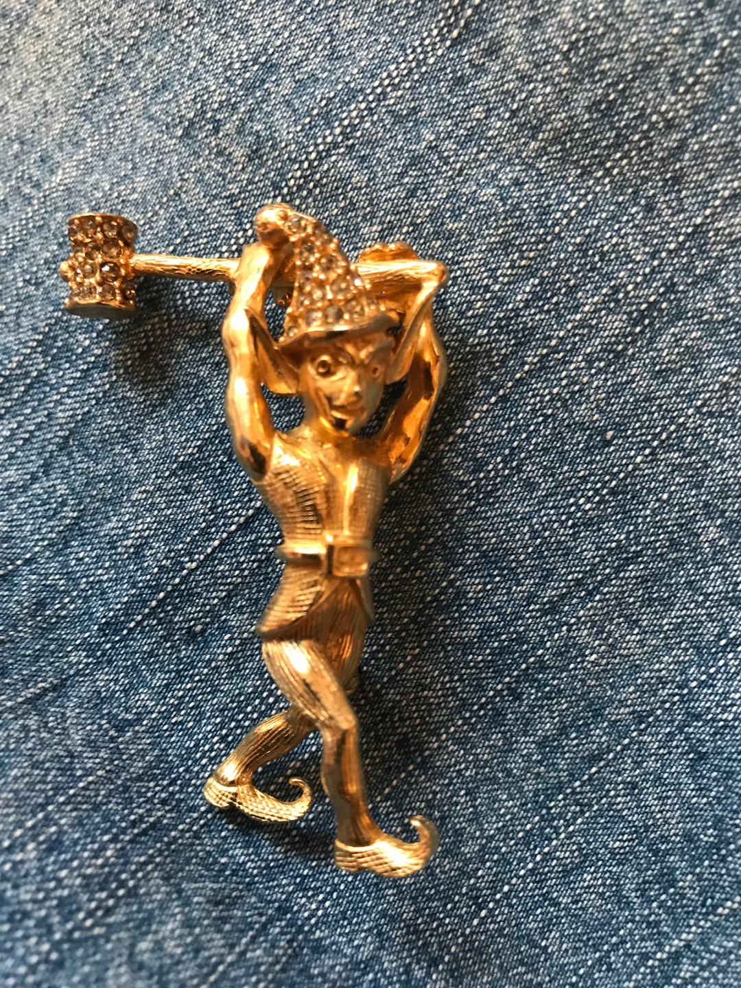 Impy Golden Lucky Elf Pin With a Rhinestone Axe Vintage Unisex Lapel ...