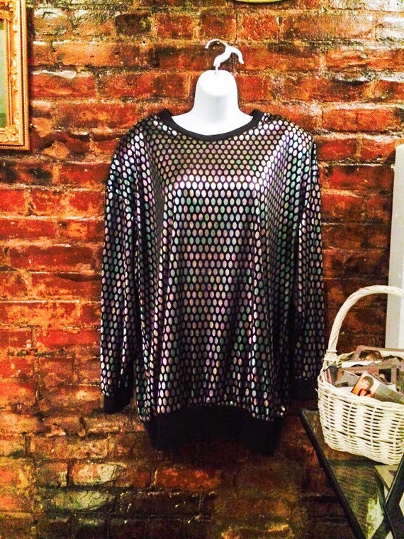 Shimmery Silver Disco Polka Dots on black oversized T… - Gem