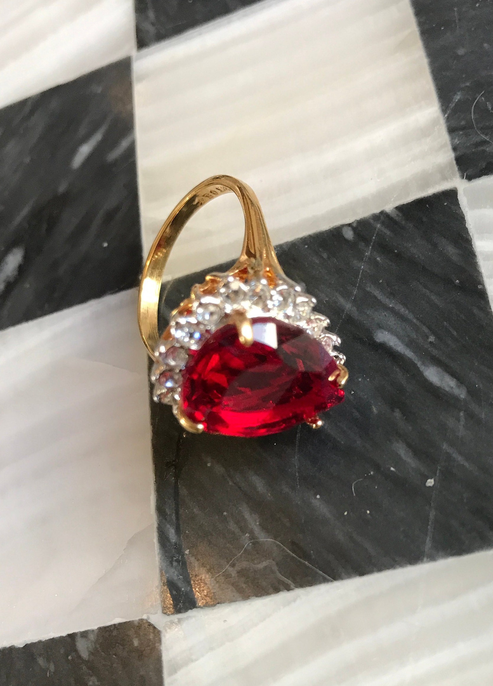 Big Red & Clear Zirconia Teardrop Shaped Bling Statement Cocktail Ring