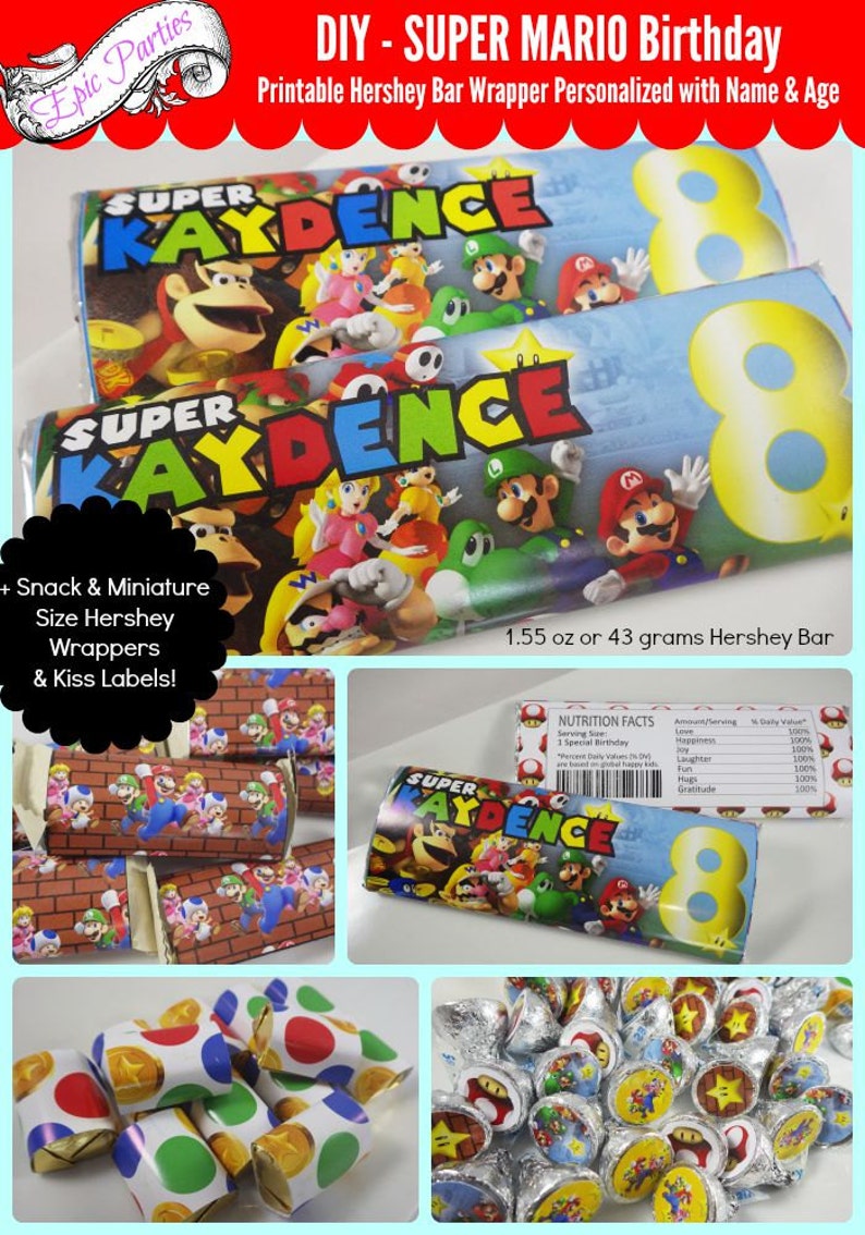 Super Mario Birthday Mario Favors Mario Candy Wrappers Etsy