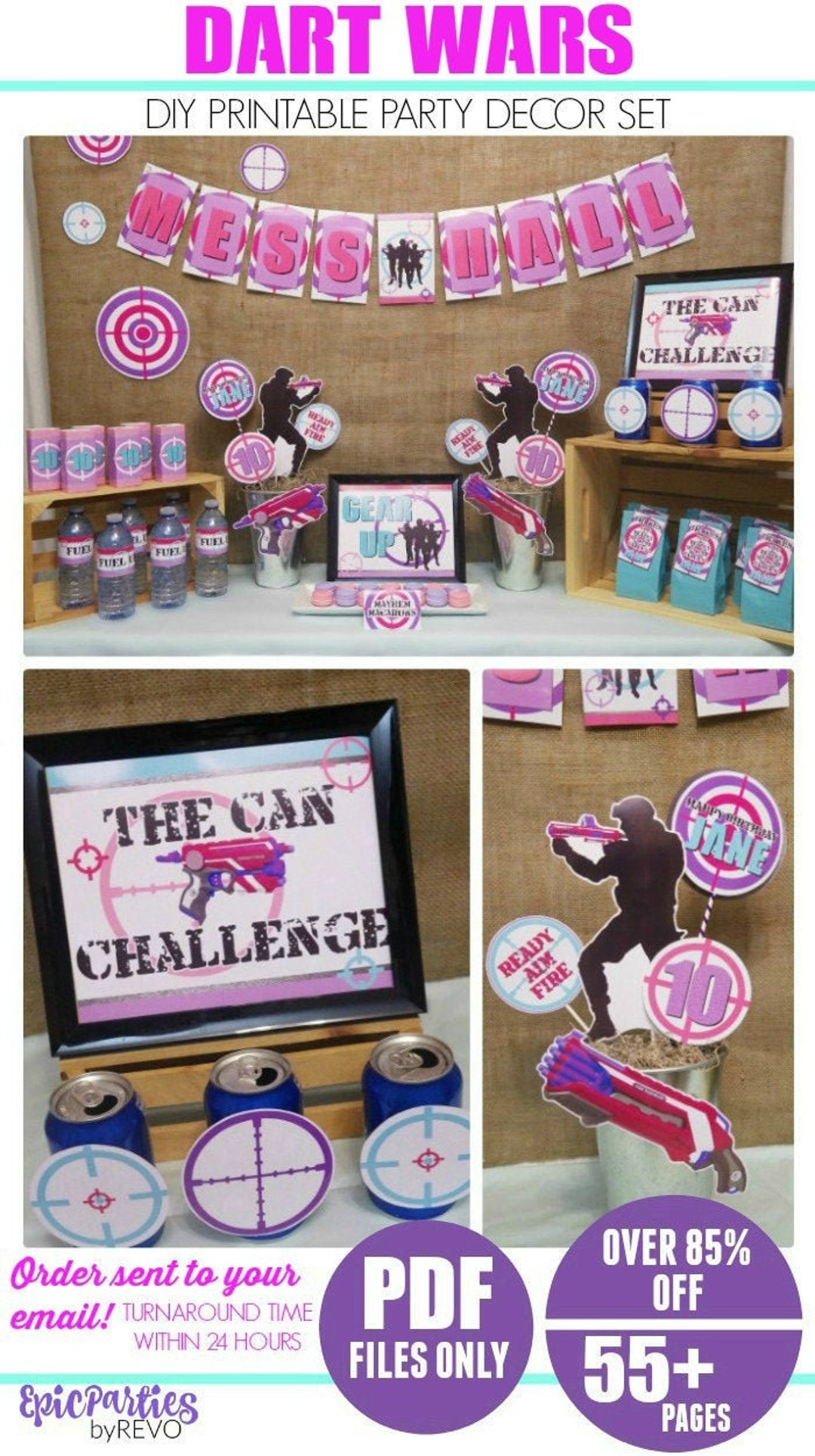 Dart Wars Party Printable Dart Gun Pink Party Dart Gun Decoration ...