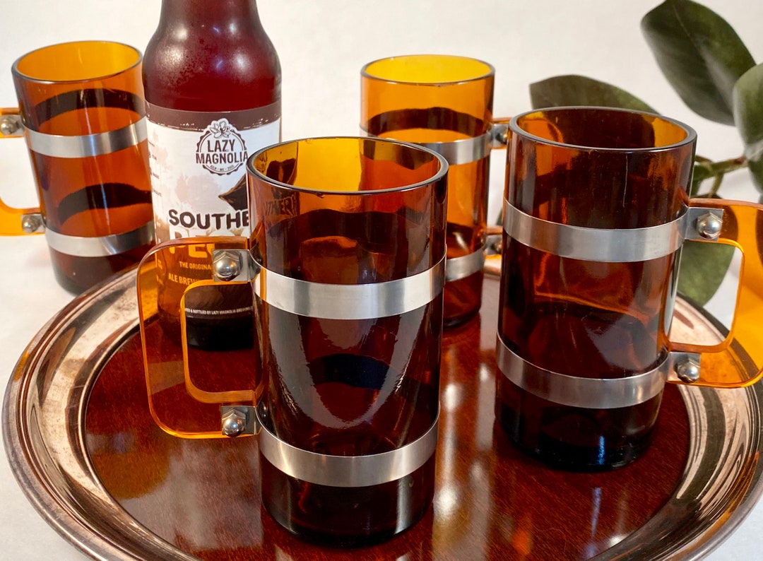 Set of Four Vintage Beer Bottle Mugs | Stainless Straps | Amber Lucite ...