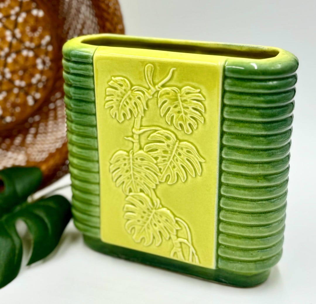 Vintage Ceramic Vase | Flat Sided Vase With Rounded Corners | Monstera ...