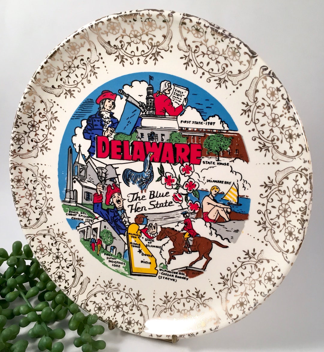 Vintage Porcelain Souvenir Plate | Delaware | the Blue Hen State ...