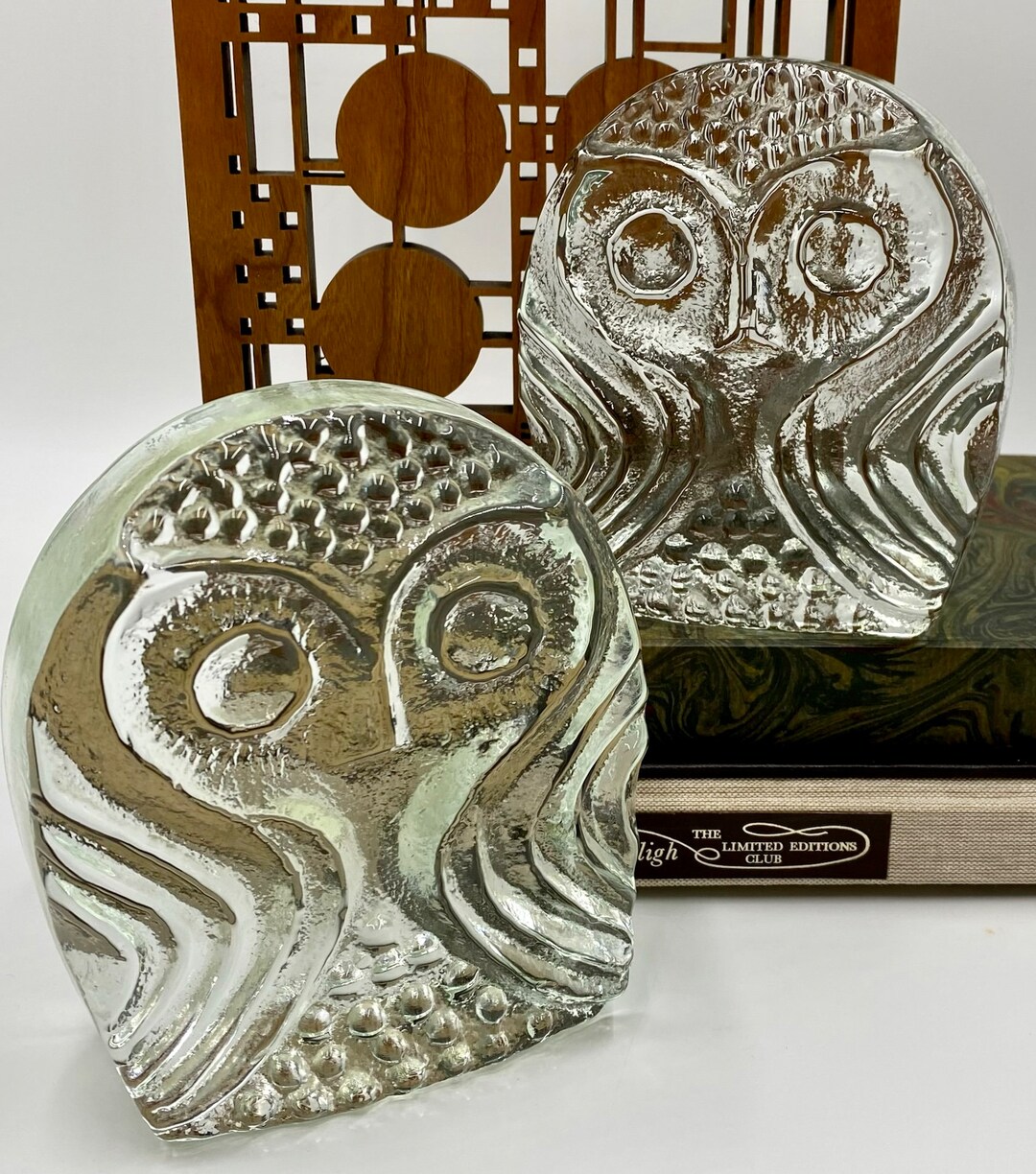 Vintage Retro Owl Bookends Thick Clear Glass Owl Bookends Pilgrim Glass ...