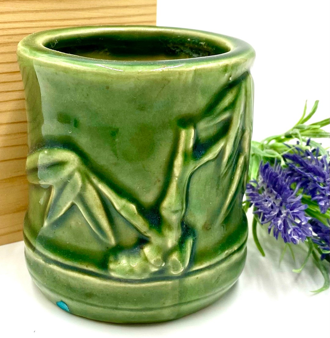 Vintage Pottery Bamboo Cup | Green Glaze | Dimensional Ceramic Clay Cup ...