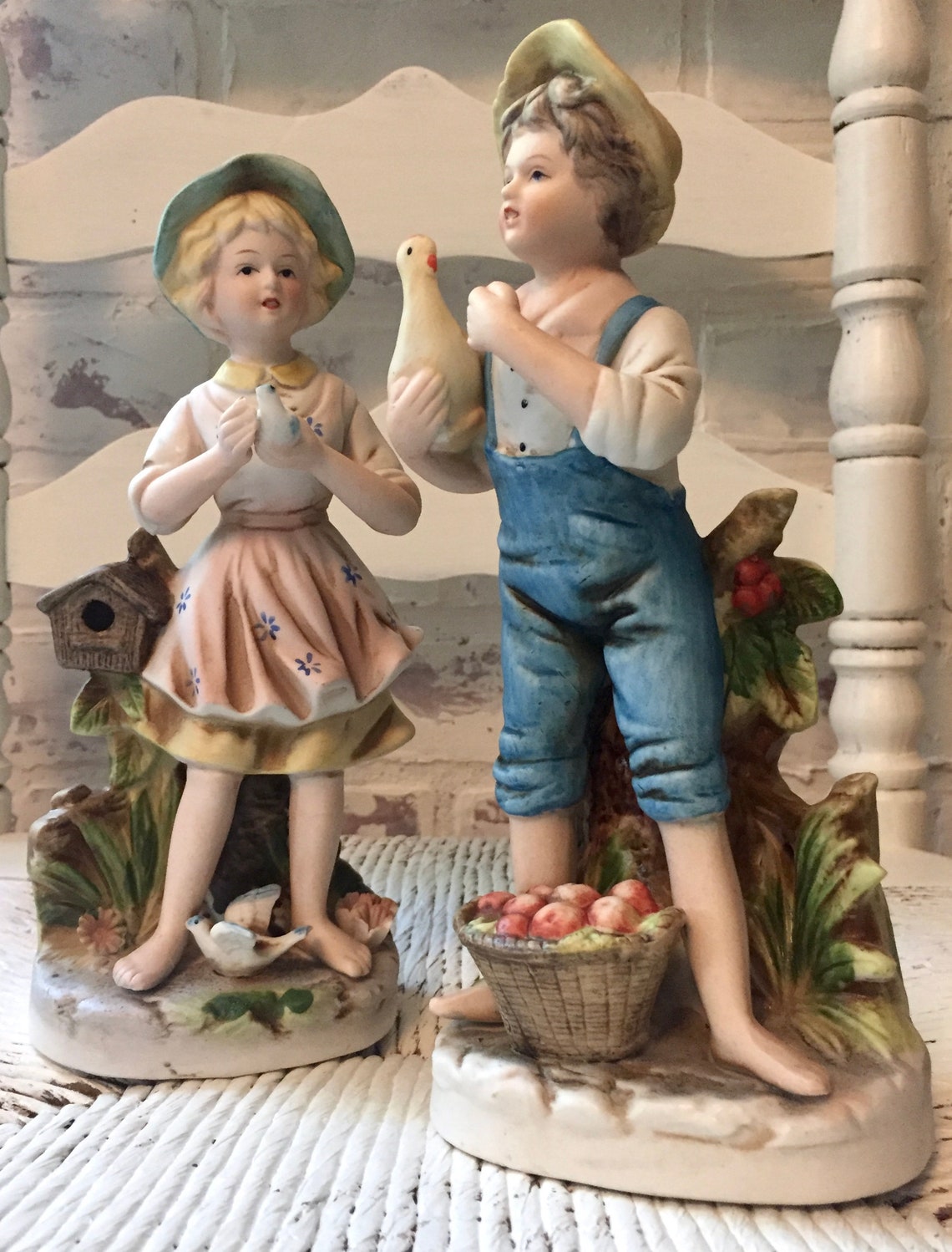 Vintage Homco #8880 Boy and Girl Statues | Farmer Boy With Chicken ...