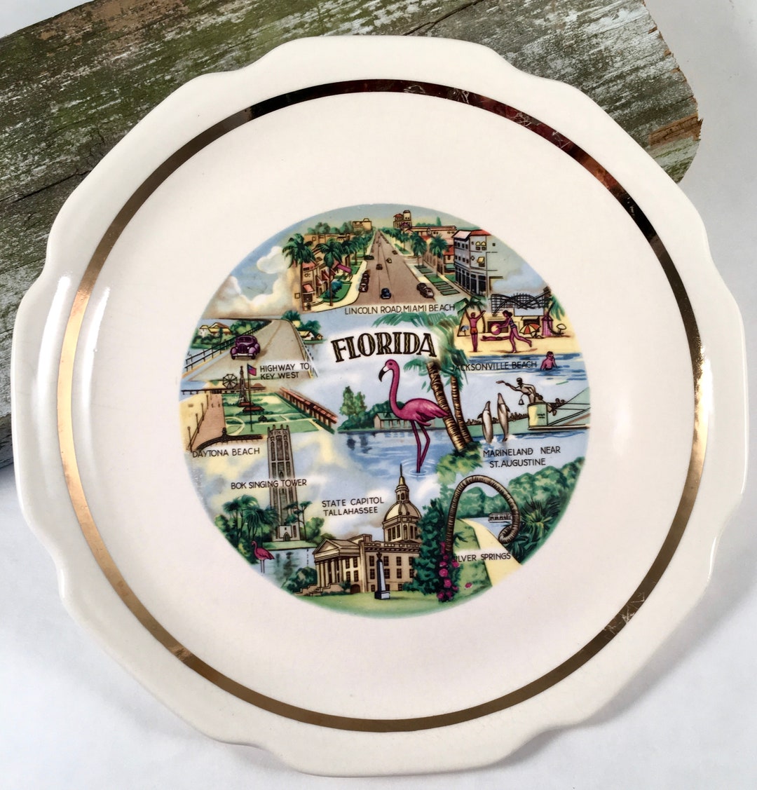 Retro Florida Souvenir Plate Florida Landmarks | Palm Trees | Lincoln ...