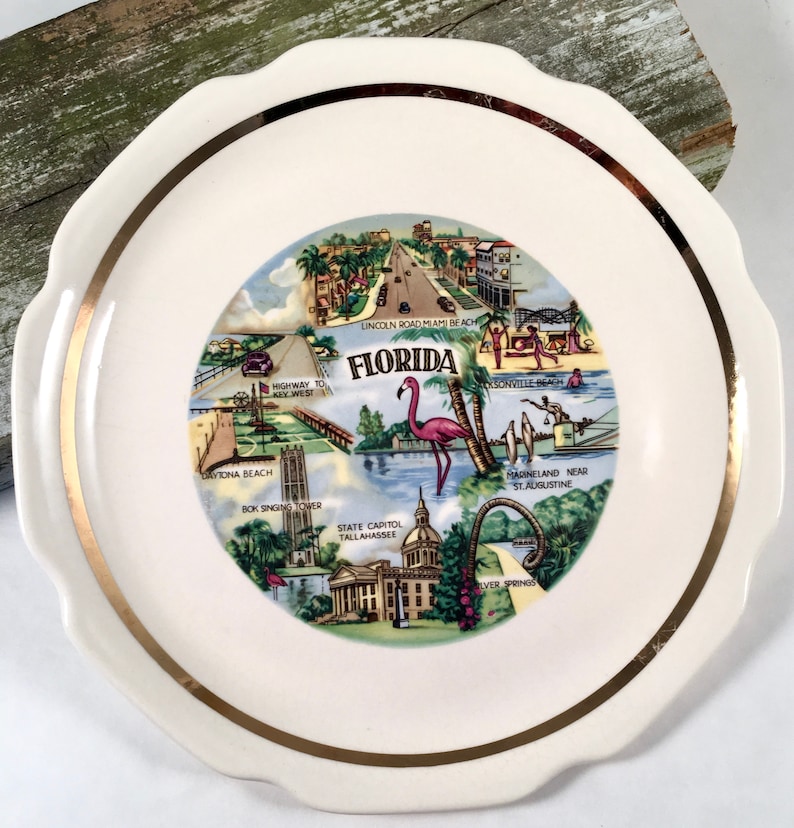 Retro Florida Souvenir Plate Florida Landmarks Palm Trees - Etsy