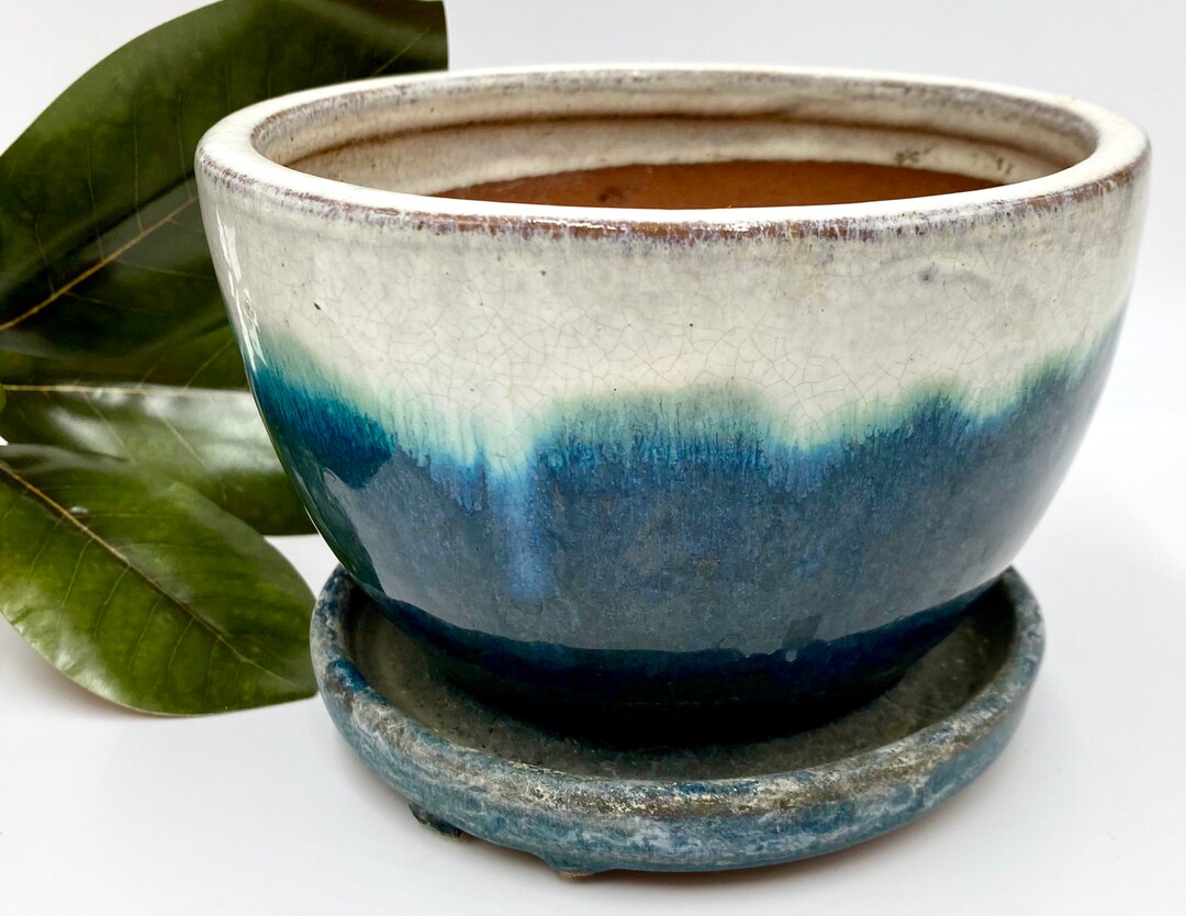 Vintage Art Pottery Flower Pot With Attached Saucer | Multi-hue Glaze ...