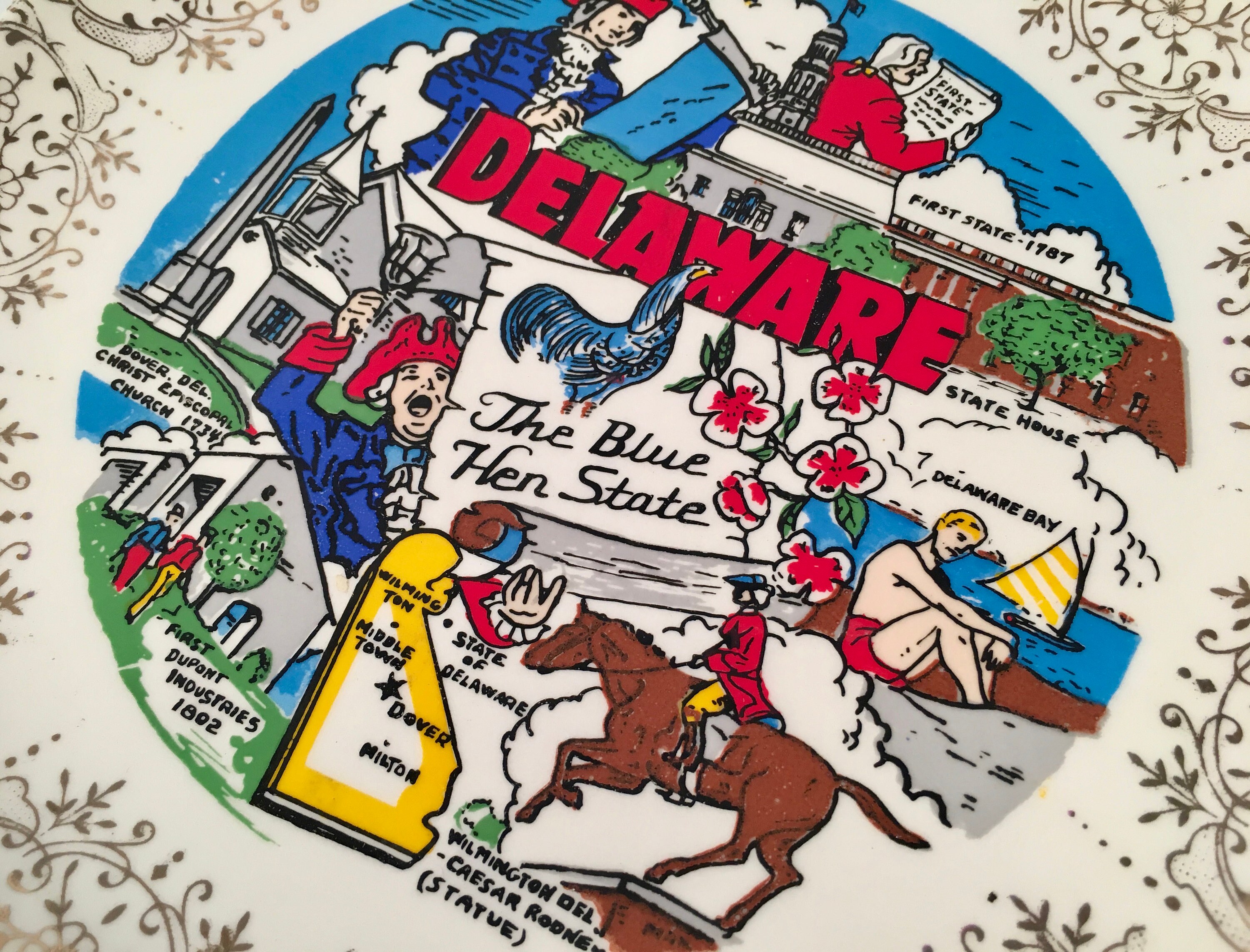 Vintage Porcelain Souvenir Plate | Delaware | the Blue Hen State ...