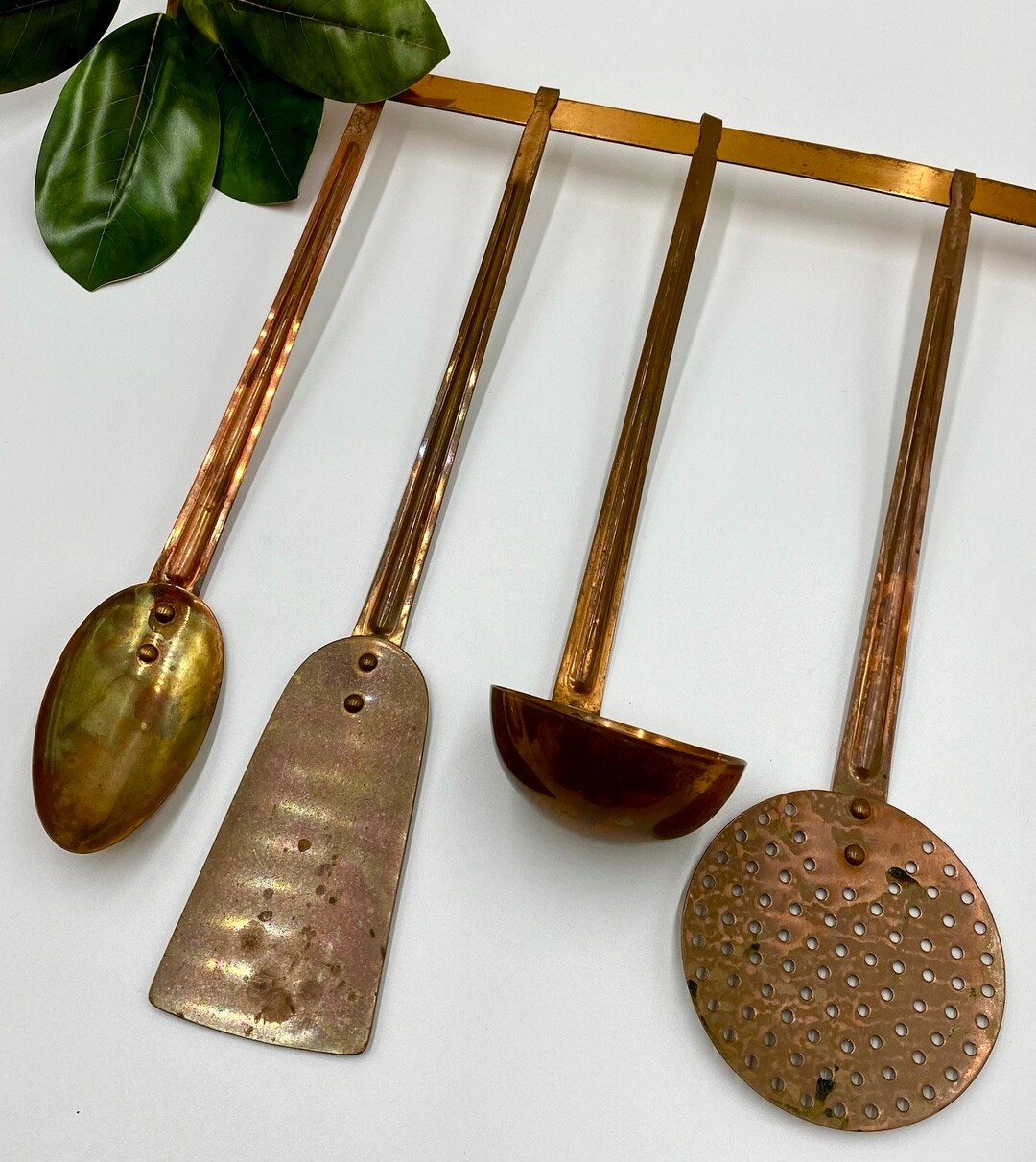 Vintage Solid Copper Serving Utensil Set With Hanging Rack Bar ...