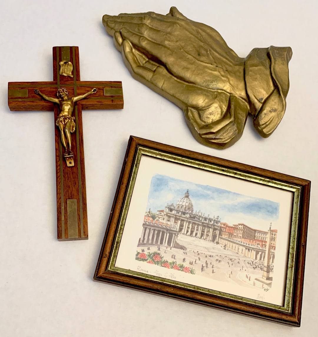 Vintage Ceramic Plaster Praying Hands Wall Plaque | Framed Vatican Art ...