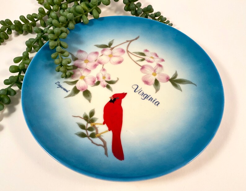 Virginia Souvenir Plate | Cardinal Red Bird | Pink Dogwood Blossoms ...