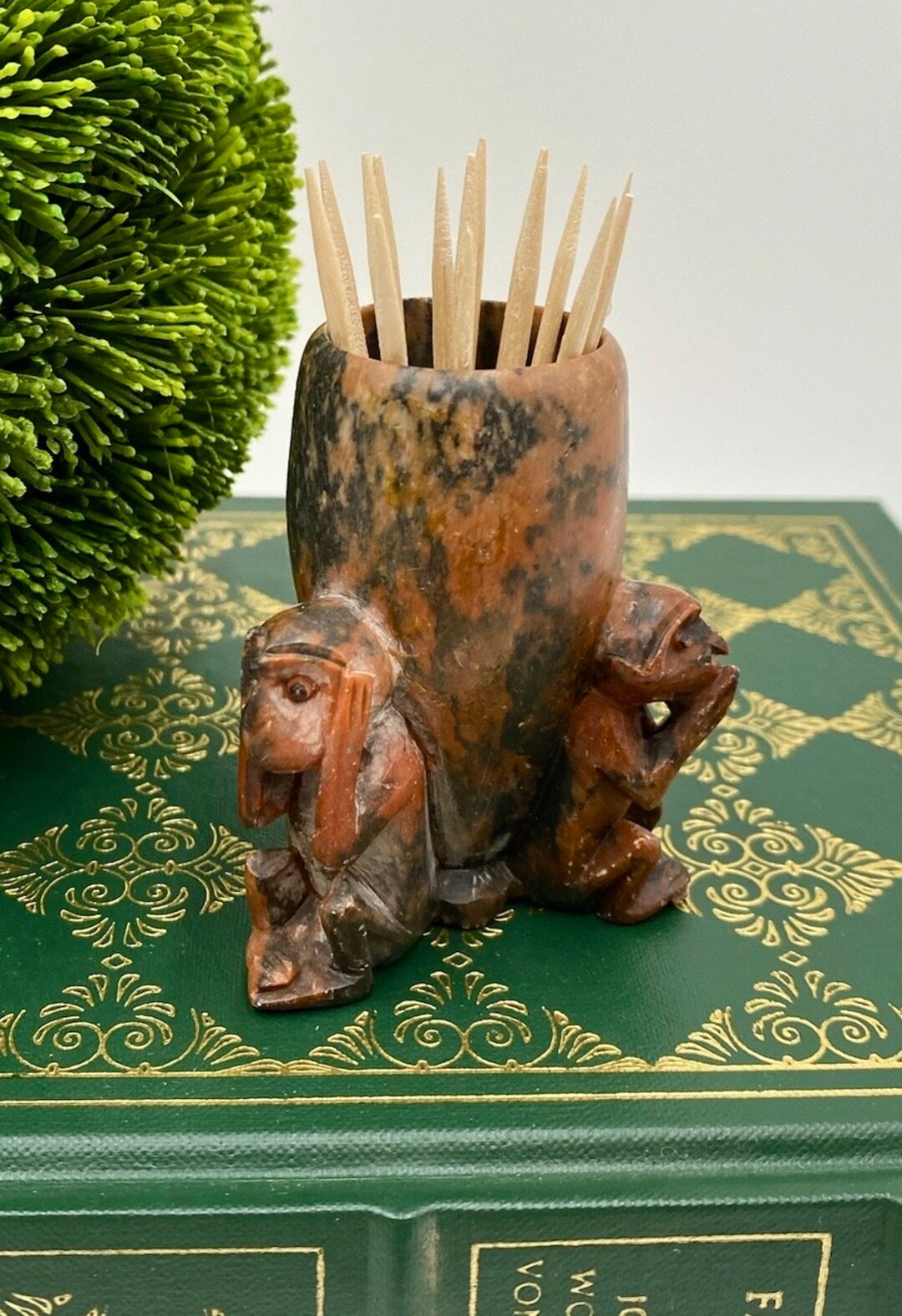 No Evil Monkeys Tiny Cylindrical Toothpick Holder | Soapstone Toothpick ...
