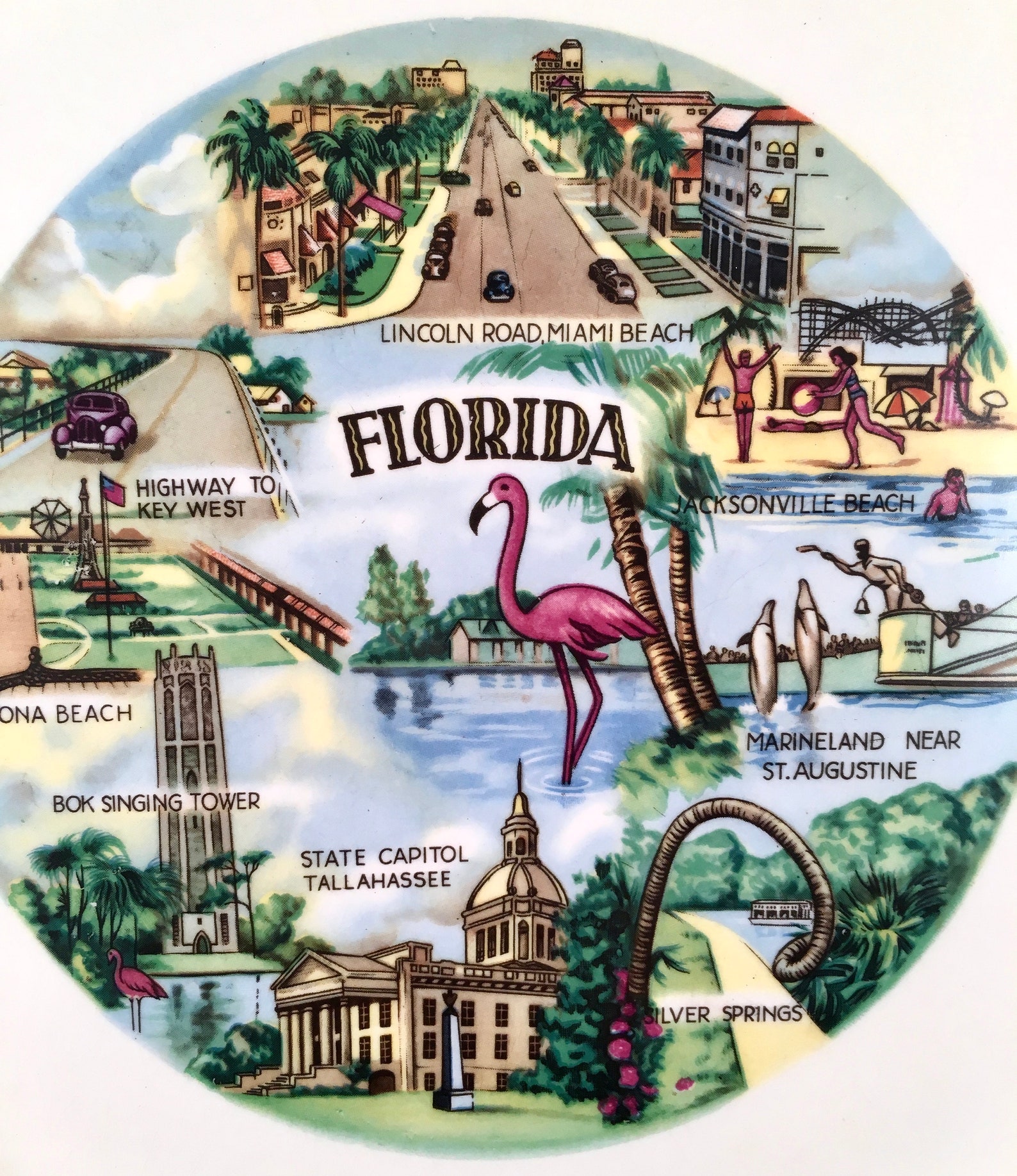 Retro Florida Souvenir Plate Florida Landmarks | Palm Trees | Lincoln ...
