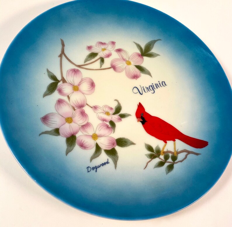 Virginia Souvenir Plate | Cardinal Red Bird | Pink Dogwood Blossoms ...