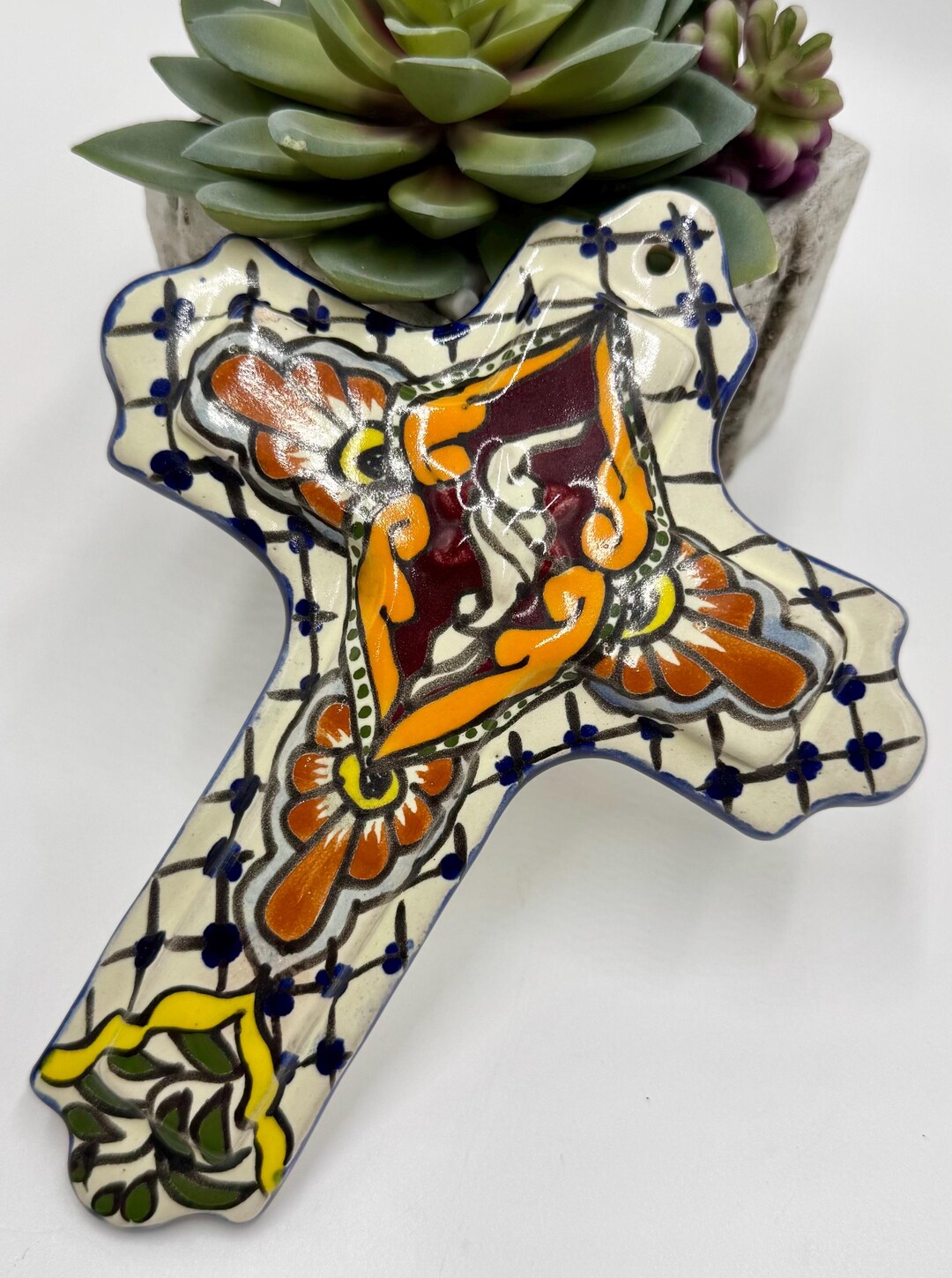 Vintage Talavera Painted Pottery Cross | Brightly Painted Folk Art ...