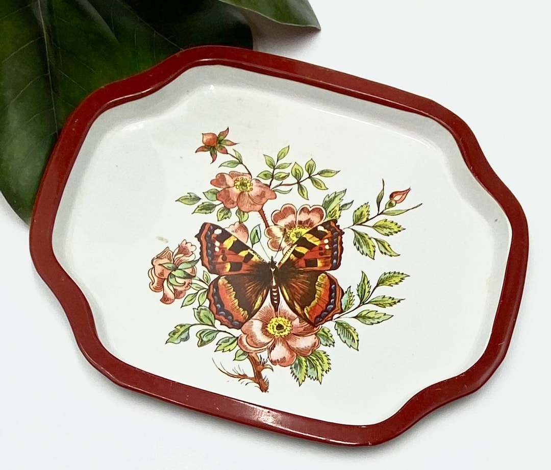 Cute Vintage Metal Tray | Enamel Tray With Butterfly | Scatter Tray ...