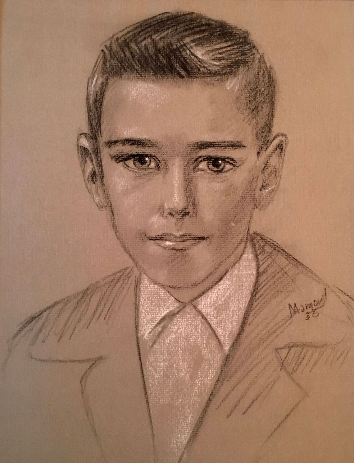 Vintage Mid Century Modern Portrait of a Handsome Young Man Charcoal ...