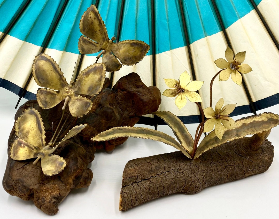 Vintage MCM Jere Era Brass Sculptures | Butterflies on Driftwood Log ...