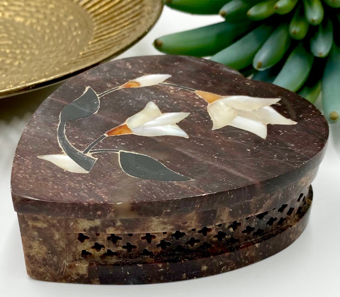 Vintage Heart Soapstone Box With Sweet Floral Inlay | Trinket Box ...