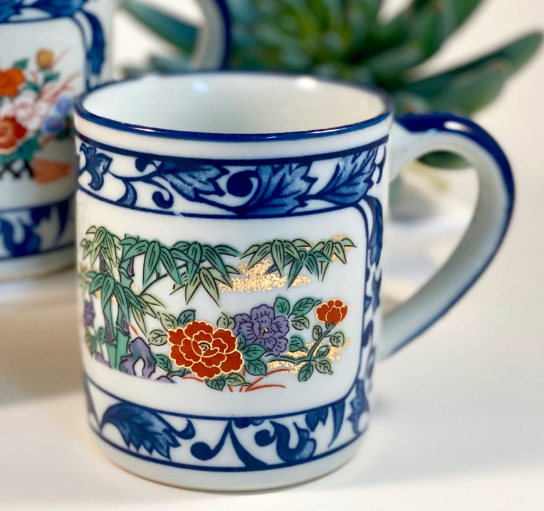 Vintage Ceramic Coffee Mugs Asian-inspired Design Blue & - Etsy
