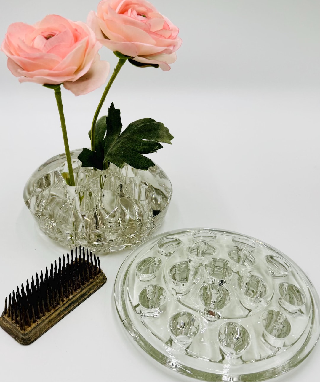 Vintage Clear Glass Flower Frog | Heavy Glass Flower Frog | Metal Pin ...