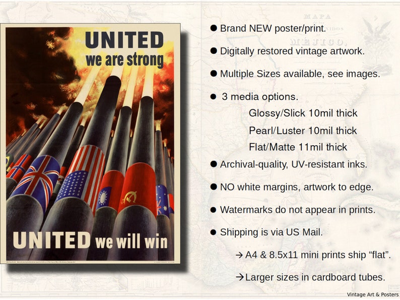 WWII Propaganda Poster: "united We Are Strong" Vintage Wall Art Print ...