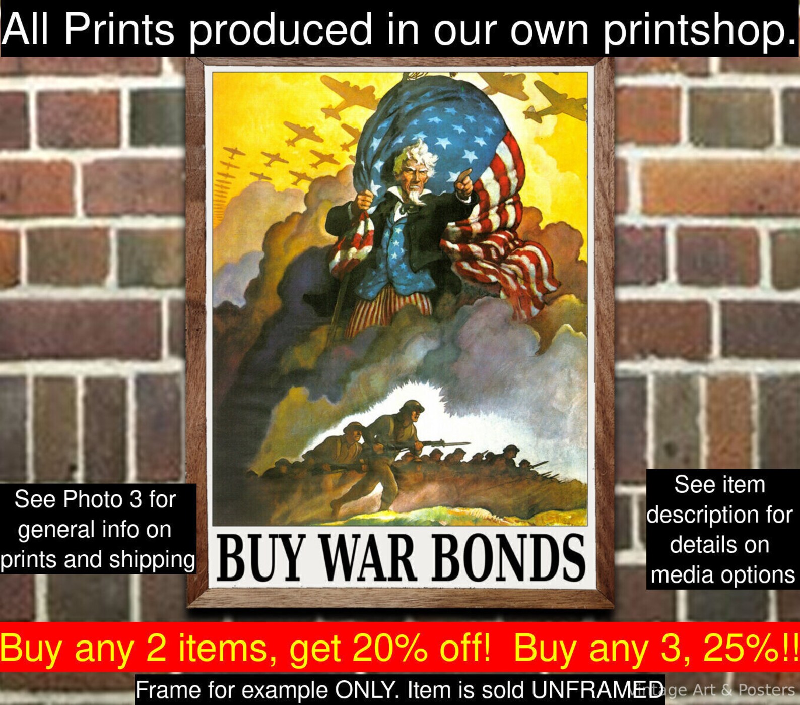 US Propaganda Poster Uncle Sam Buy War Bonds Vintage World War - Etsy