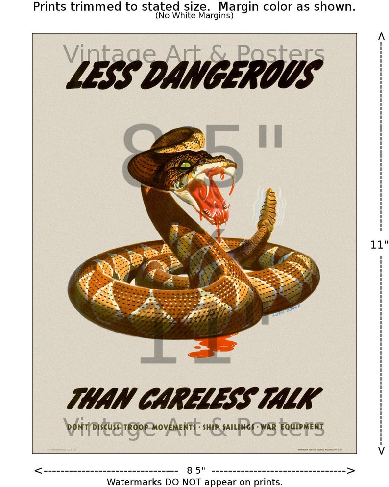 US WWII Propaganda Poster Less Dangerous Than Careless Talk | Etsy