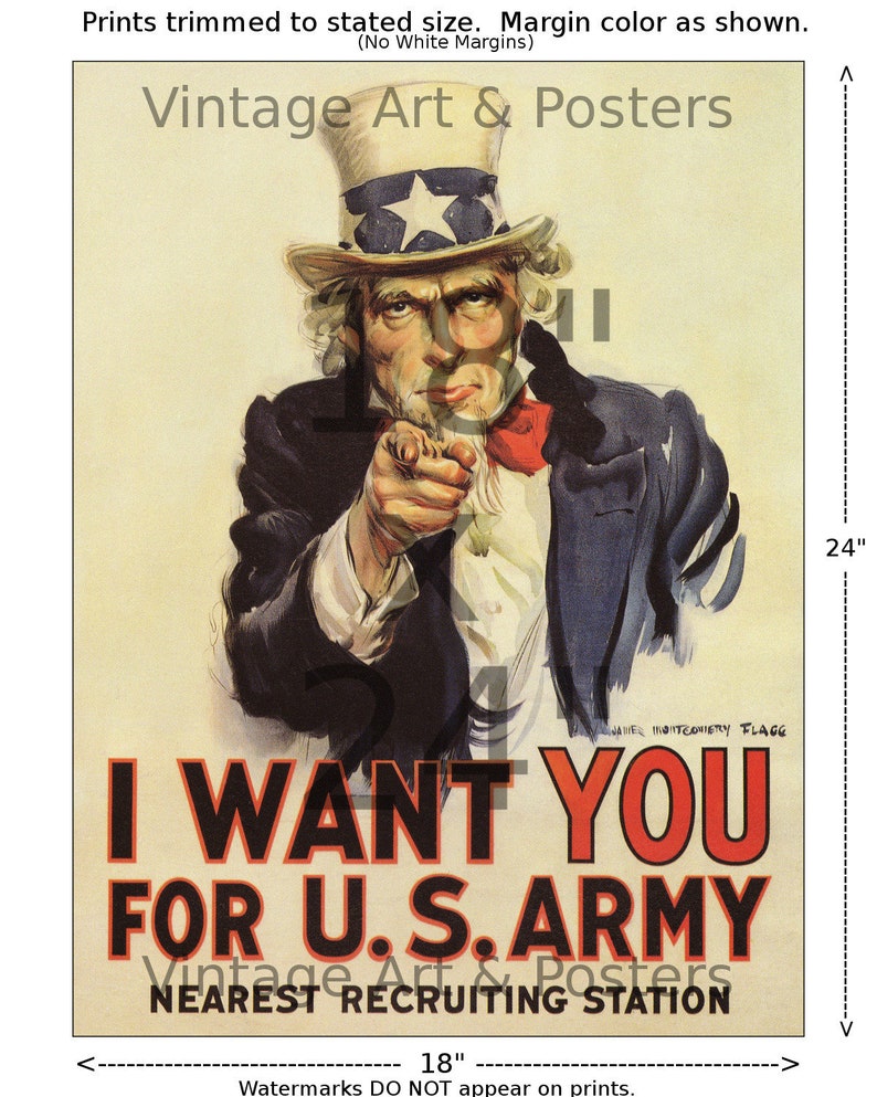 Uncle Sam I Want You Vintage WWI US Recruiting Poster - Etsy