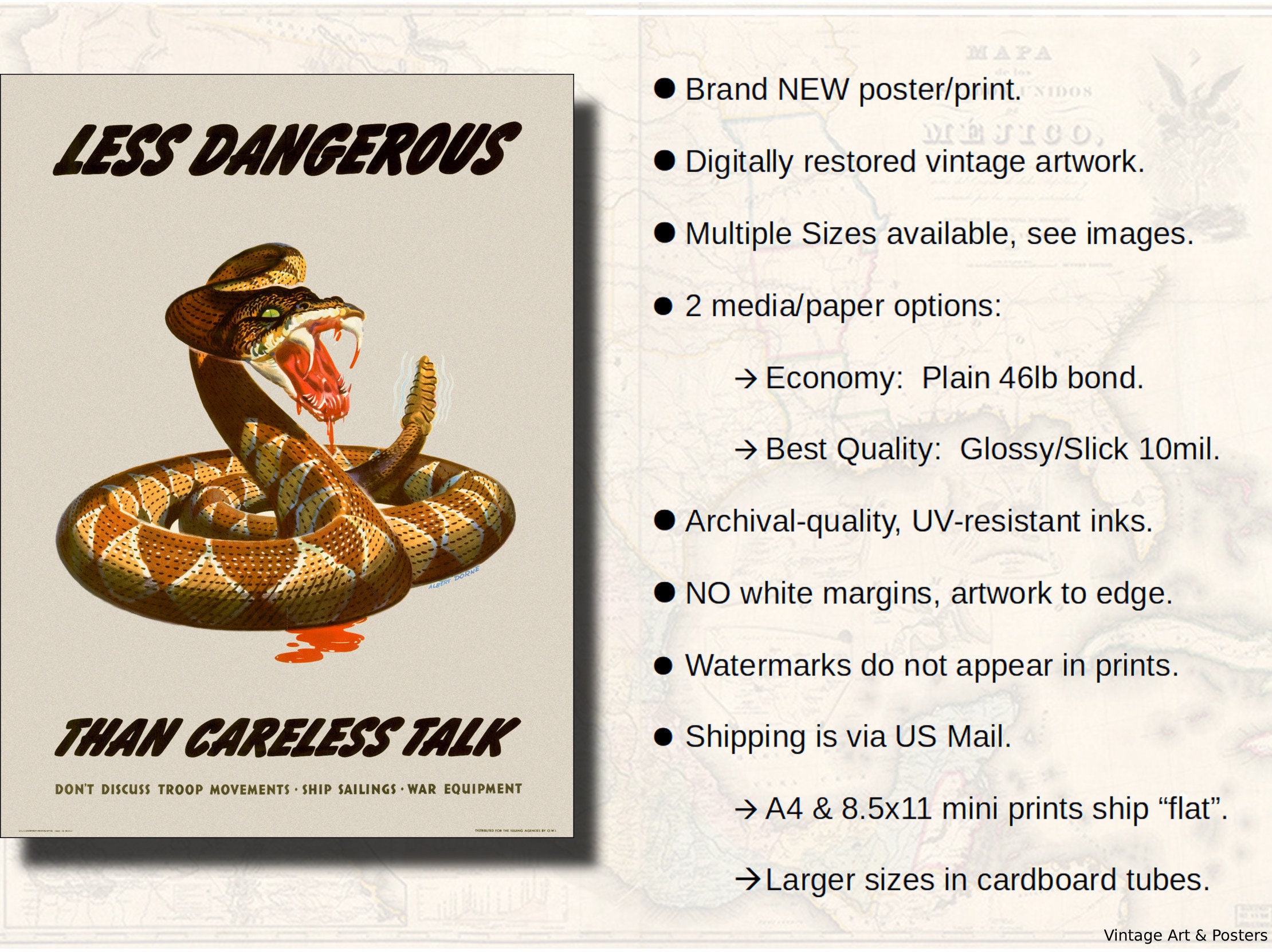 US WWII Propaganda Poster Less Dangerous Than Careless Talk | Etsy