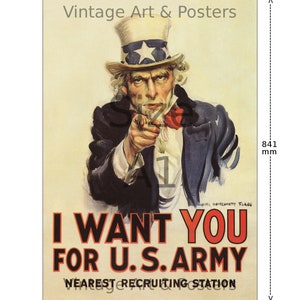Uncle Sam I Want You Vintage WWI US Recruiting Poster Propaganda Poster ...
