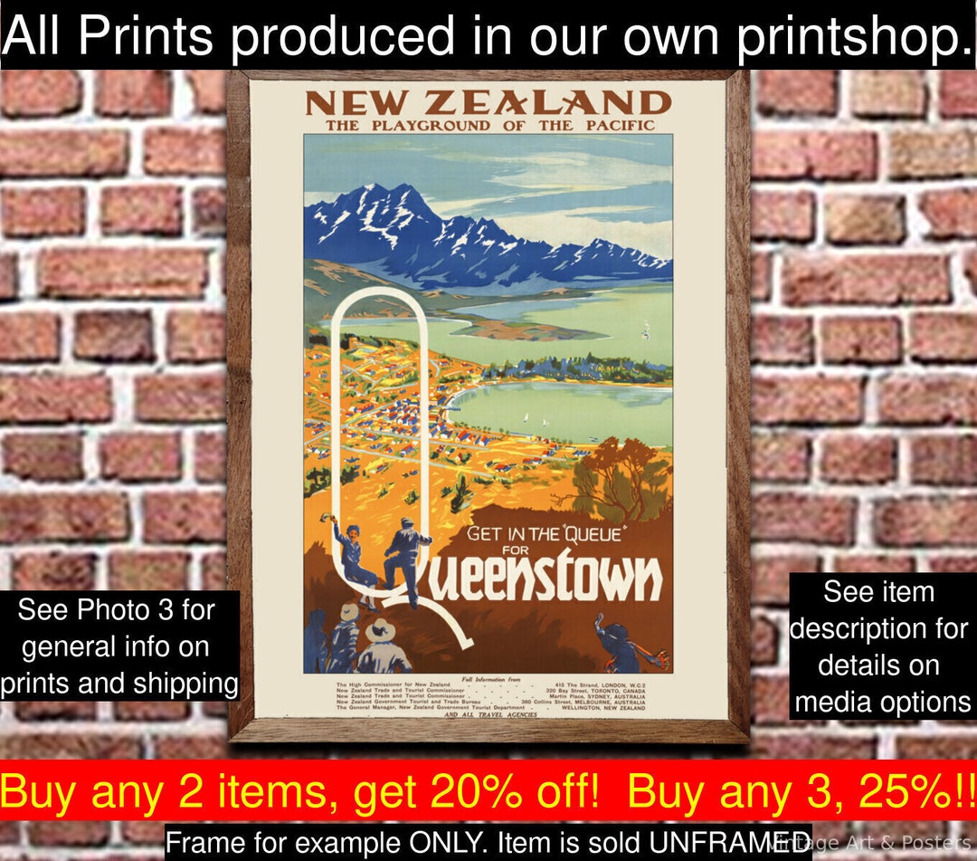 Travel Poster Queenstown New Zealand Vintage Travel Art - Etsy