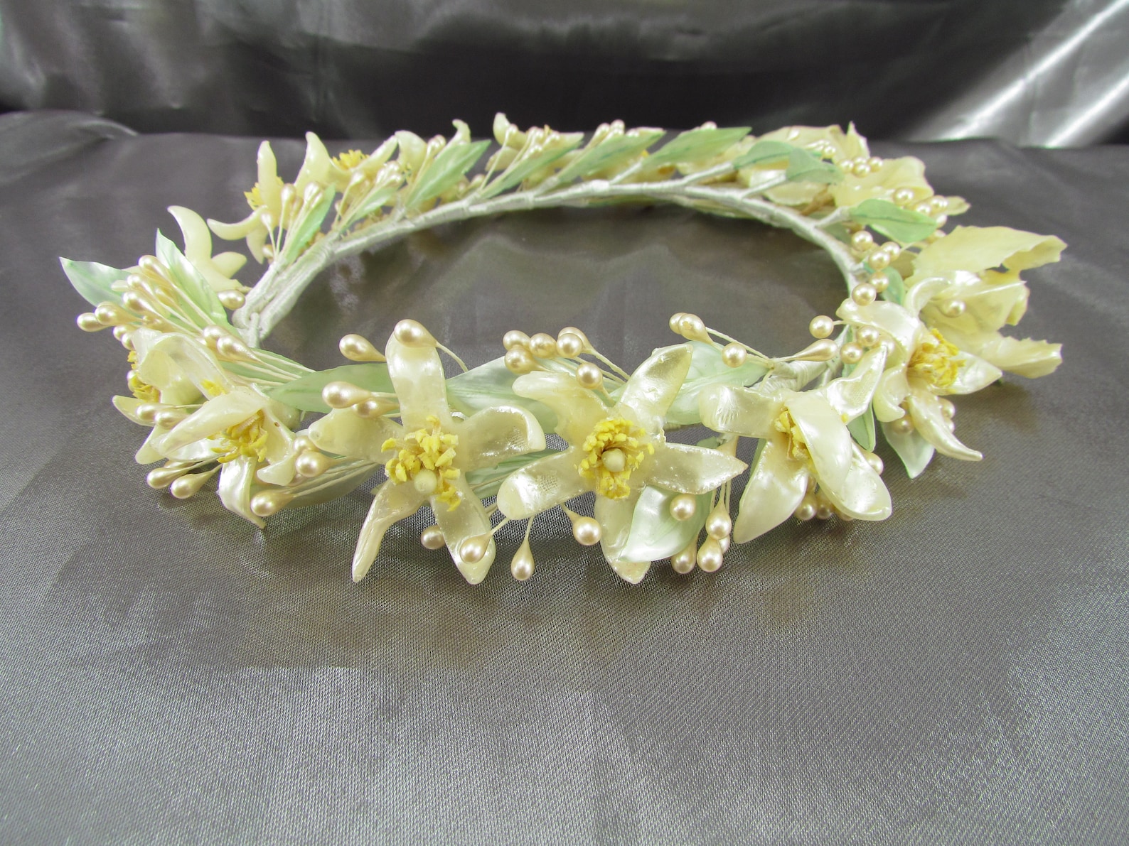 Antique FRENCH Ivory Wax Flowers, Wax Beads, Headdress Hair Tiara Crown ...