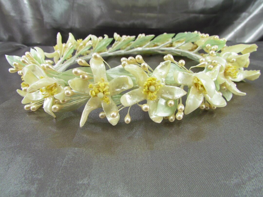 Antique FRENCH Ivory Wax Flowers, Wax Beads, Headdress Hair Tiara Crown ...