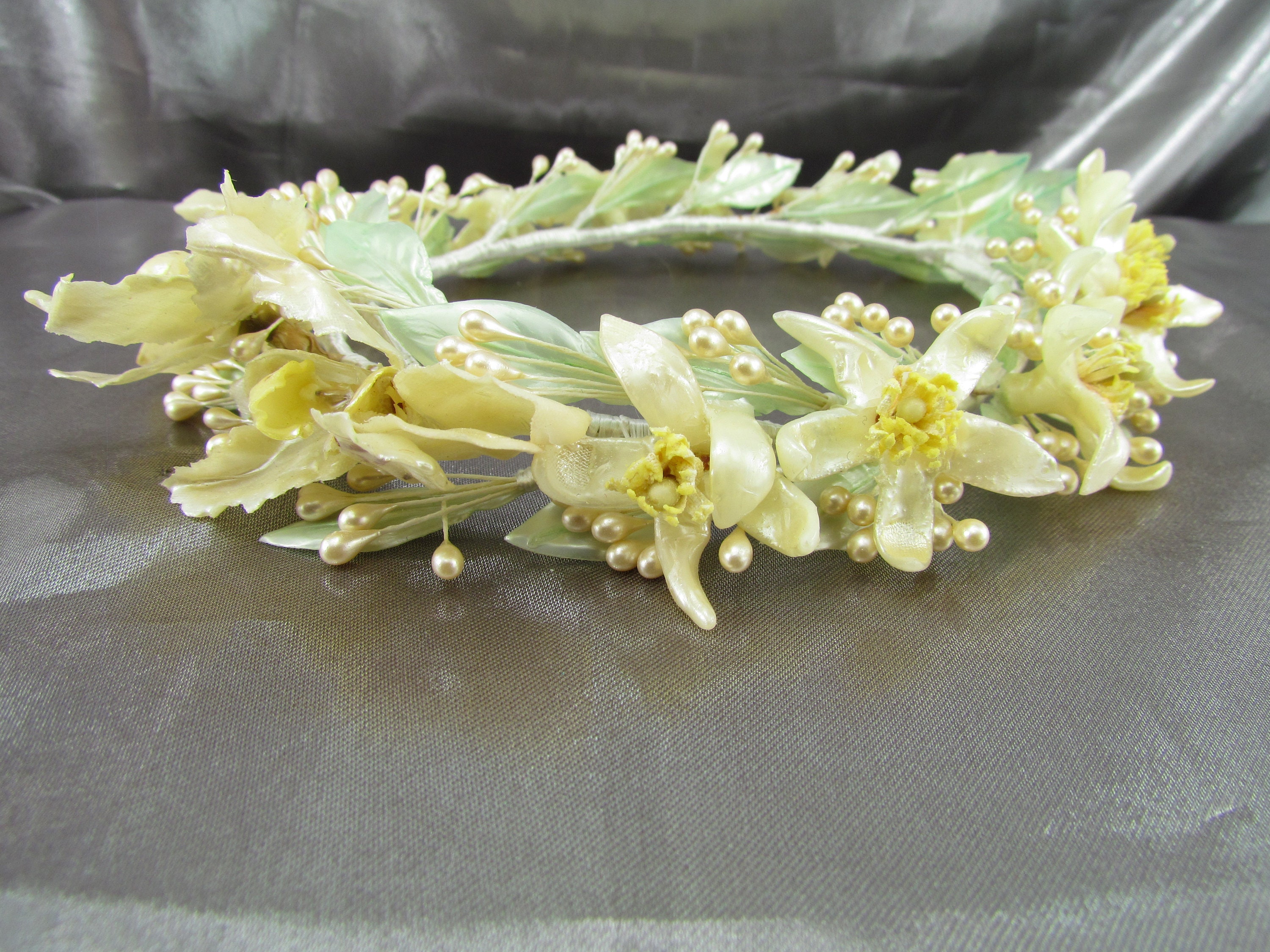 Antique FRENCH Ivory Wax Flowers, Wax Beads, Headdress Hair Tiara Crown ...