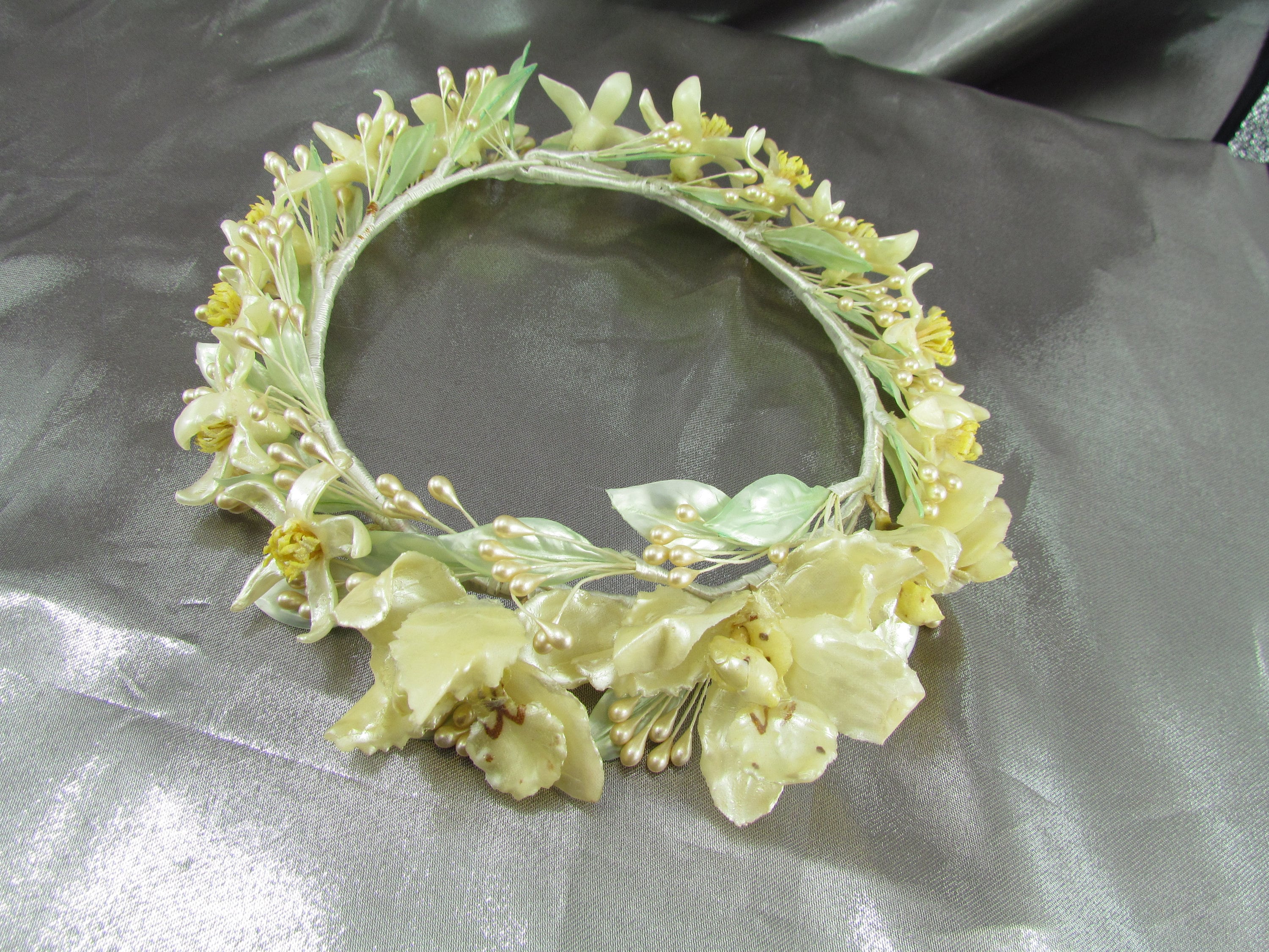 Antique FRENCH Ivory Wax Flowers, Wax Beads, Headdress Hair Tiara Crown ...