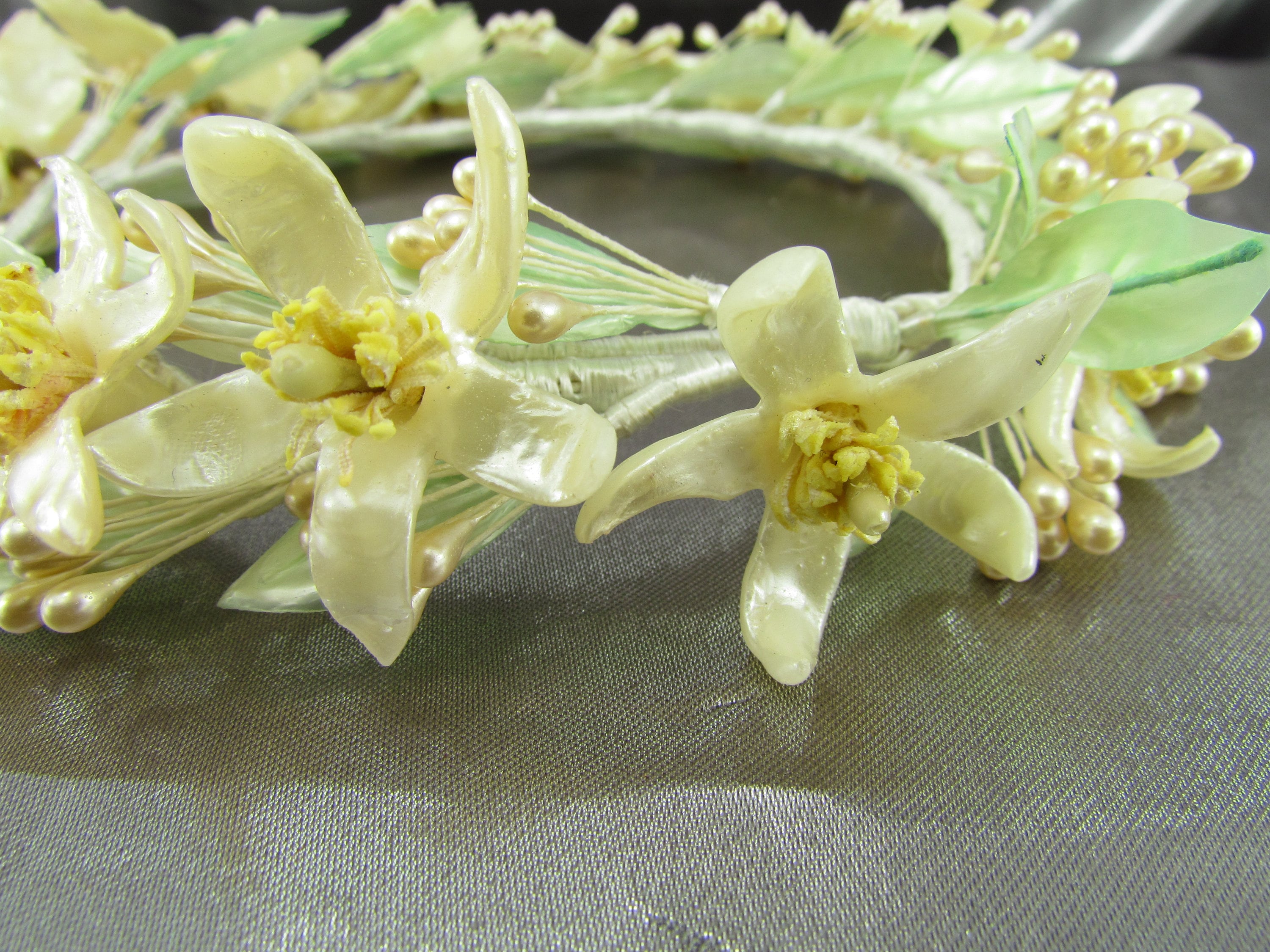 Antique FRENCH Ivory Wax Flowers, Wax Beads, Headdress Hair Tiara Crown ...