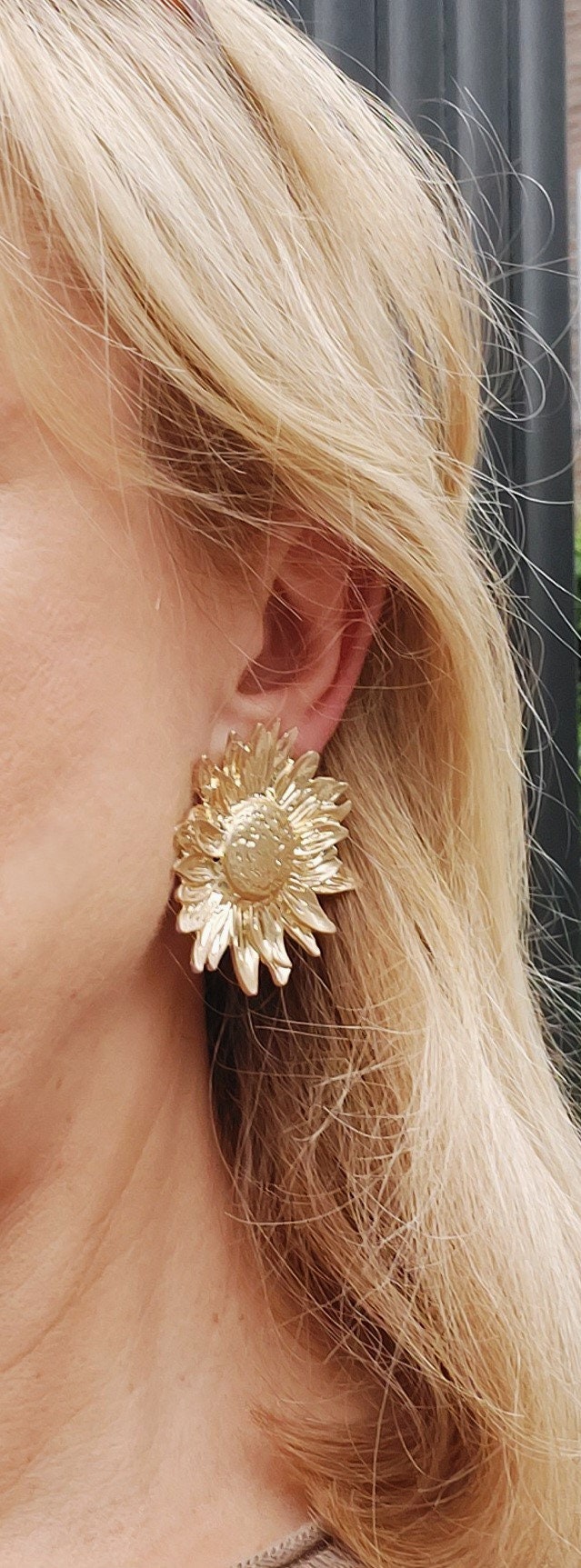 Large Gold Flower Clip on Earrings, Gold Modern Clip on Earrings, for ...