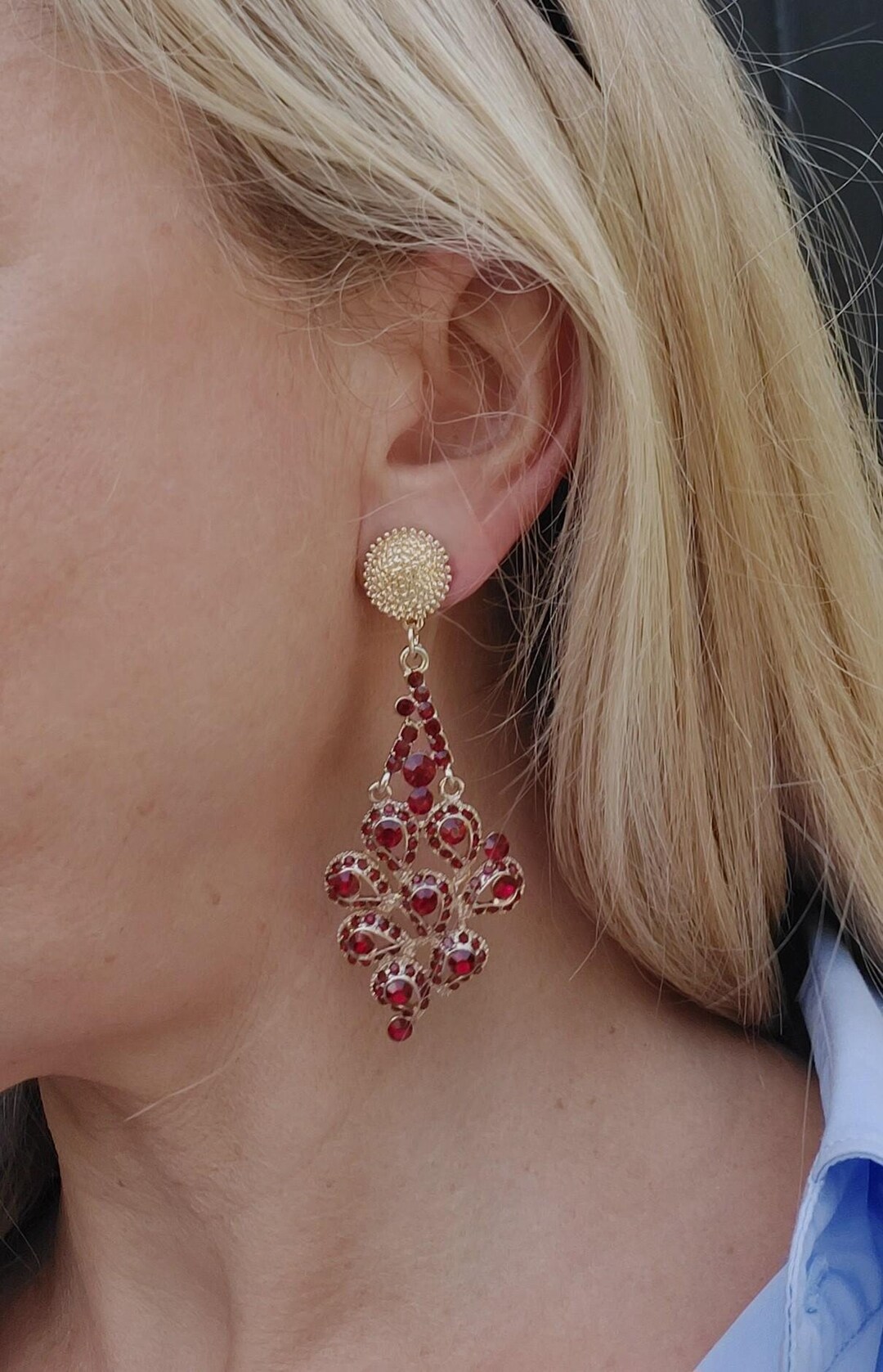 Rubis Red Rhinestone Dangle Clip on Earrings, Red Crystal Drop Formal ...