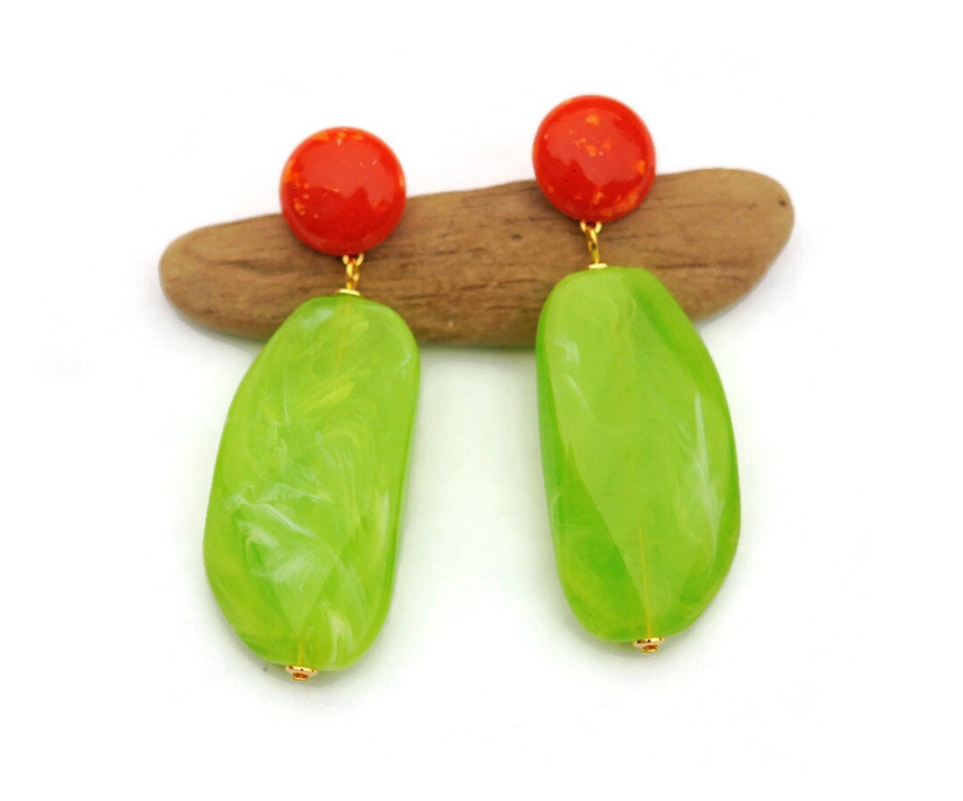 Bright Green and Orange Resin Statement Earrings, Clip on Earrings ...
