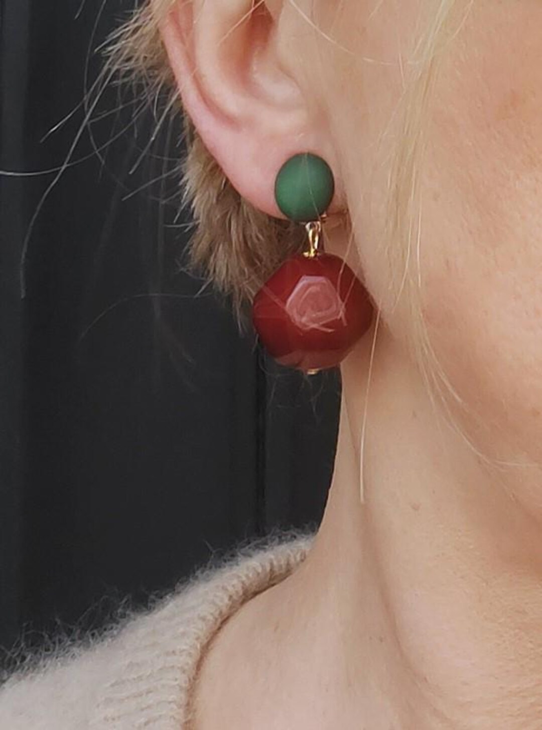 Green and Burgundy Bon Bon Drop Earrings, Stud / Clip on Earrings, Dangling Resin Ball Earrings ...