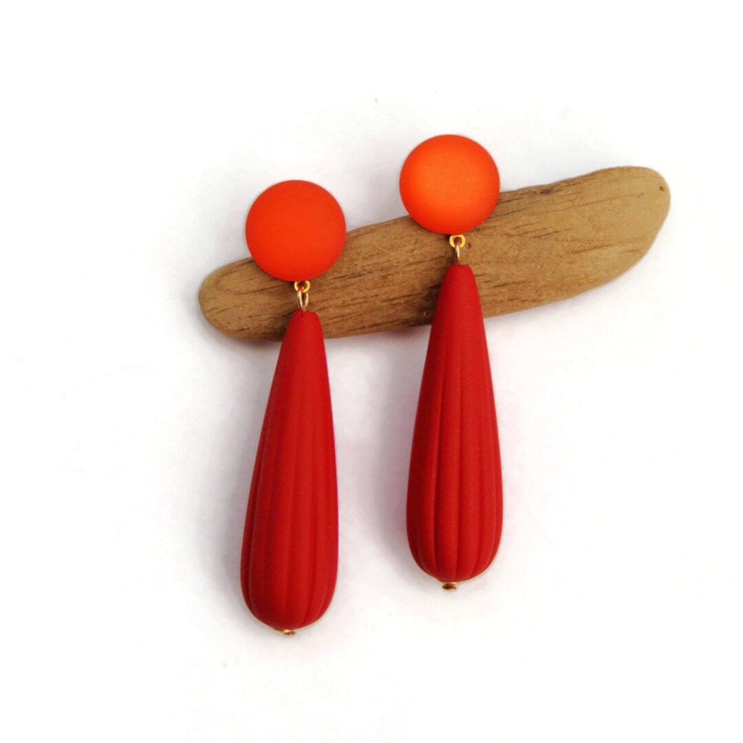 Lange rote und orange Acryl-Ohrhänger, ausgefallene Ohrclips, bunte ...