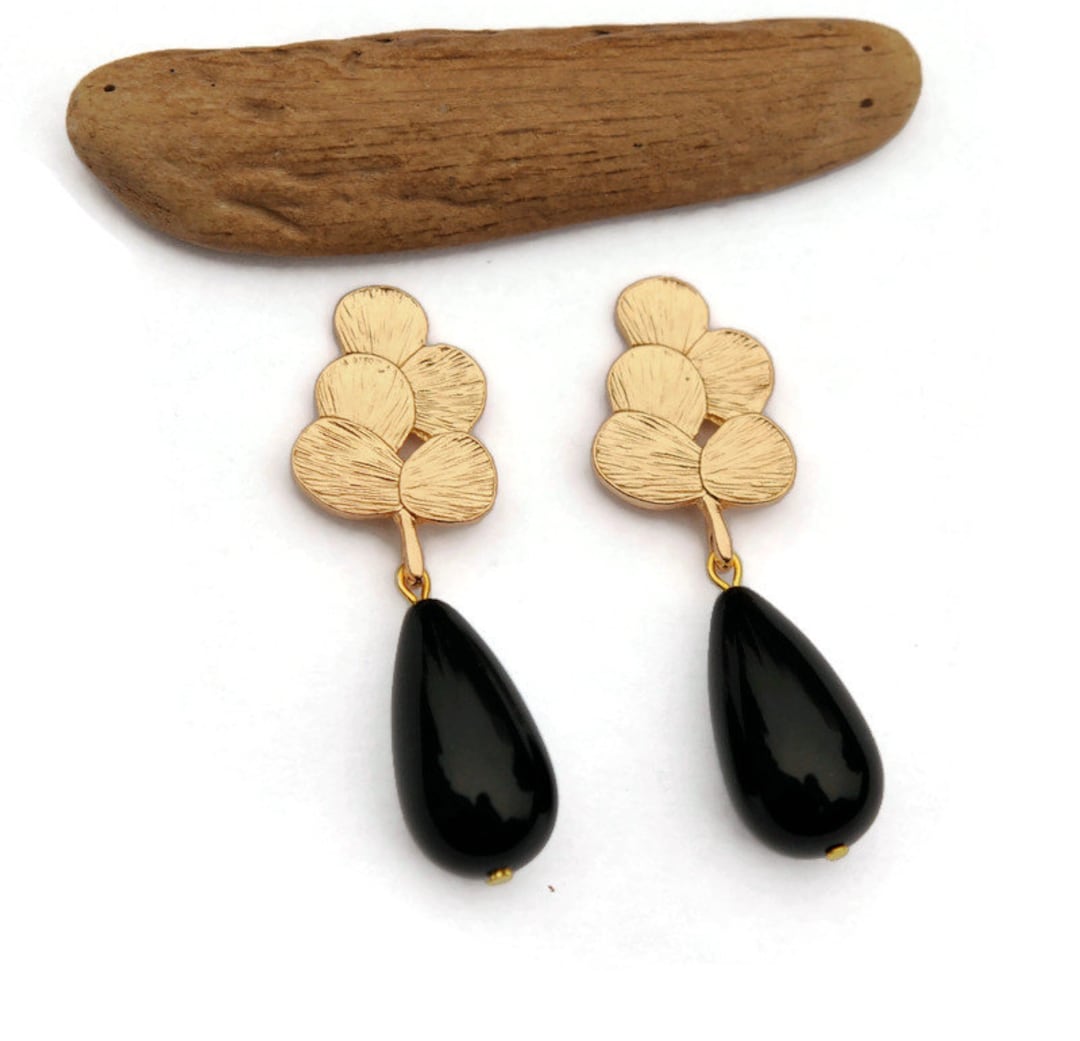 Black and Gold Teardrop Earrings, Clip on Earrings, Statement Black ...
