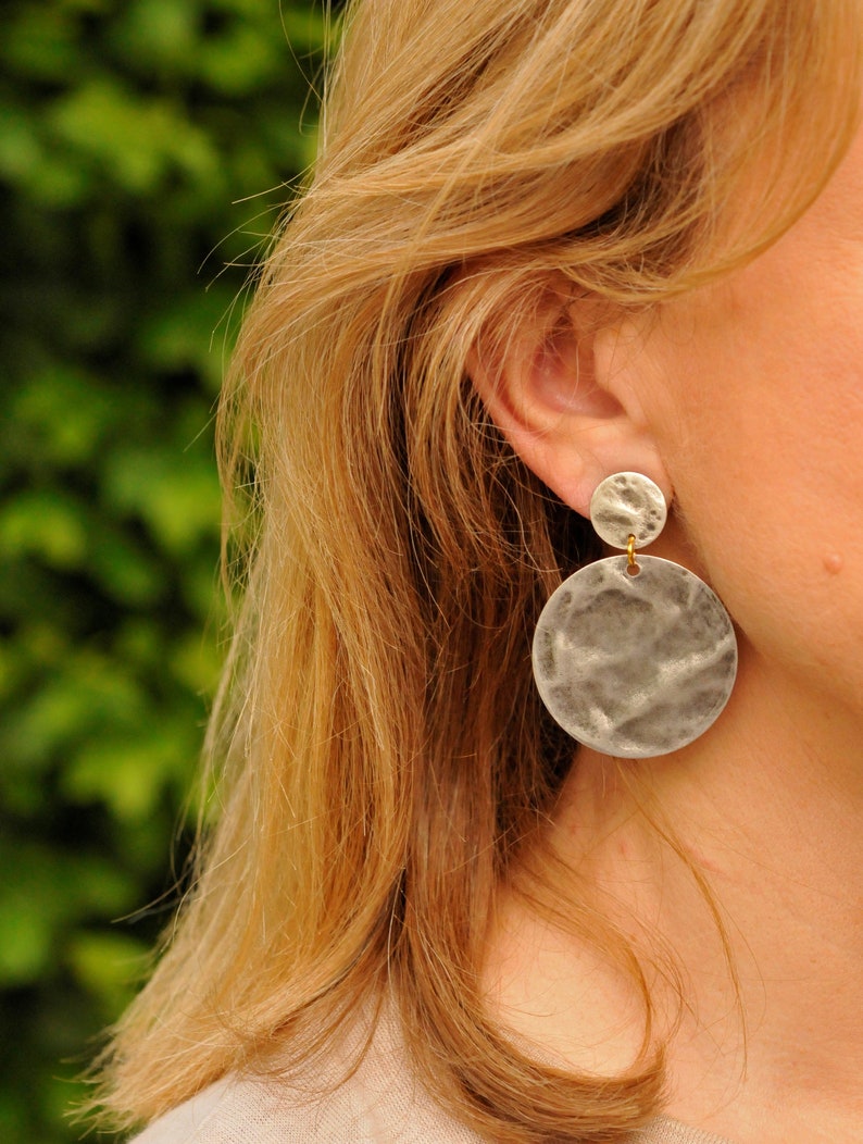 Large Disc Silver Hammered Earrings, Clip On/studs Earrings, Large ...