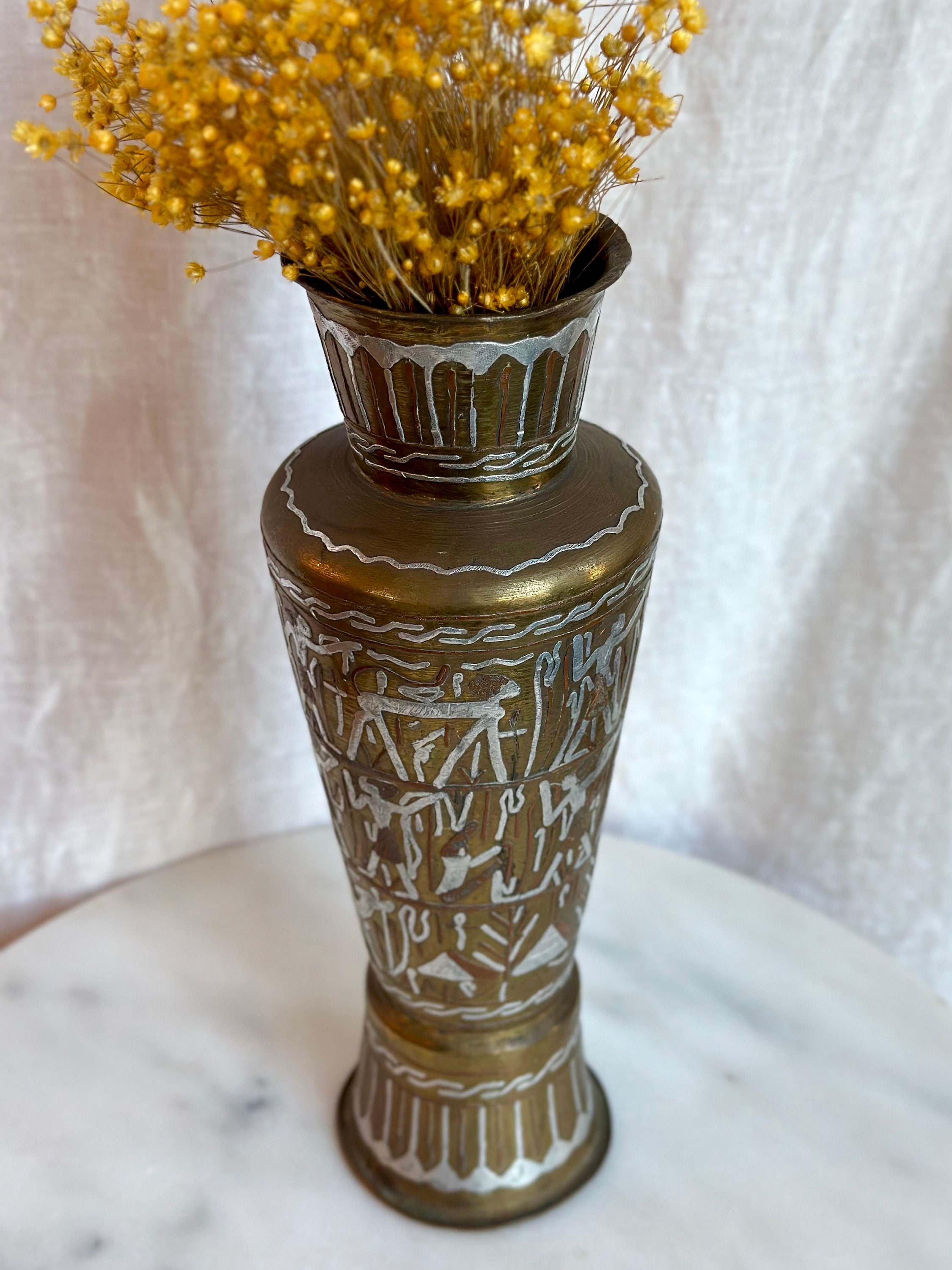 Egyptian Cairo Ware Large Brass Vase With Copper and Silver Inlay ...