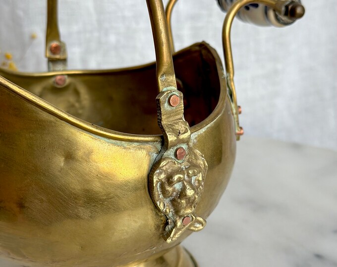 Brass Lions Head Scuttle Bucket W. Delft Blue Porcelain Handle Coal Ash ...