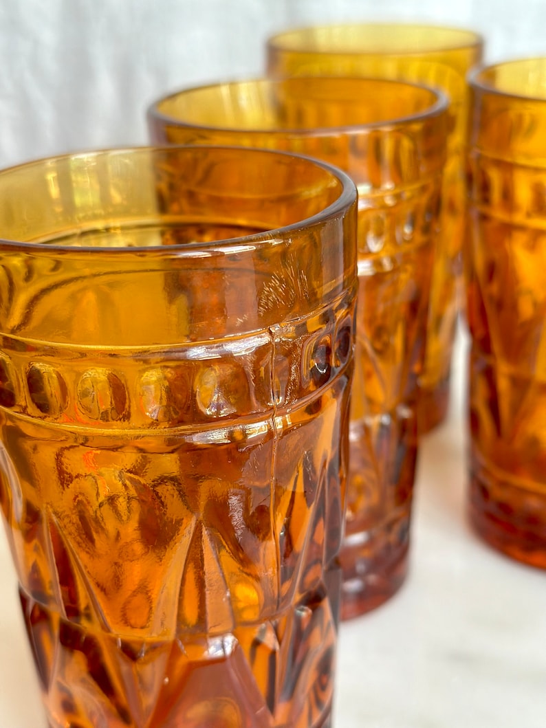Vintage Amber Glass Colony Park Lane Tumblers Indiana Glass Kings Crown ...